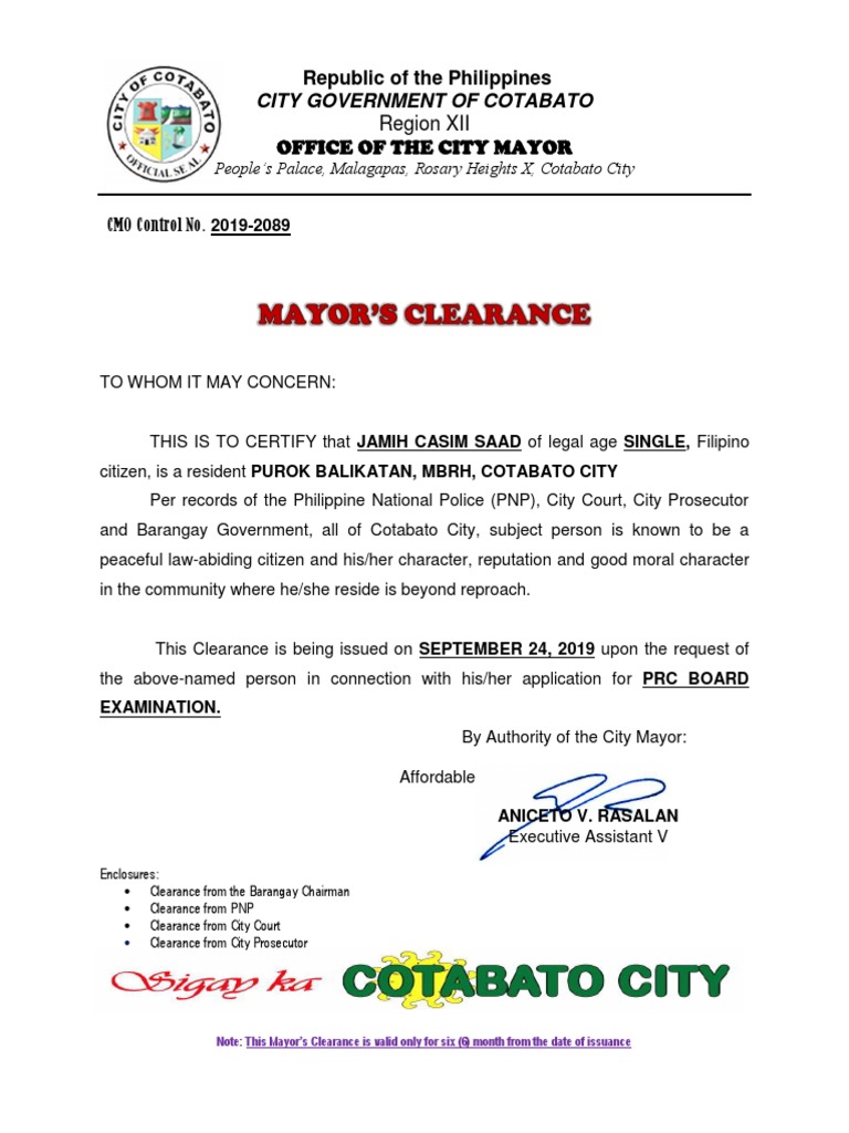 Cotabato City Mayor's Clearance Certificate | PDF