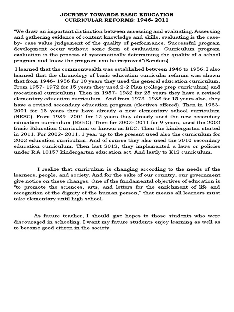 Journey Towards Basic Education Curricular Reforms 1946-2011 | PDF