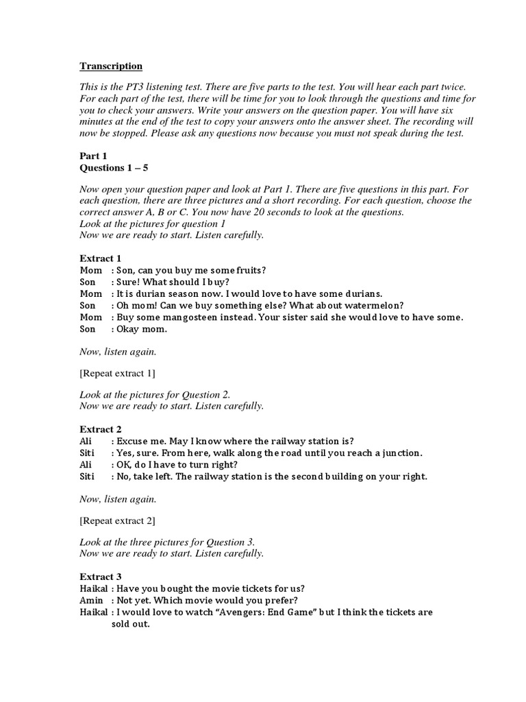 PT3 Listening Test Instructions | PDF