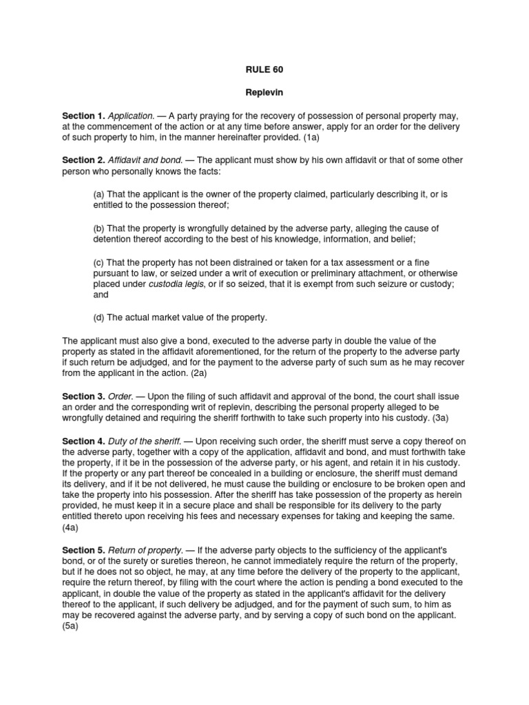 Rule 60 Replevin Section 1. Application | PDF | Lease | Judgment (Law)