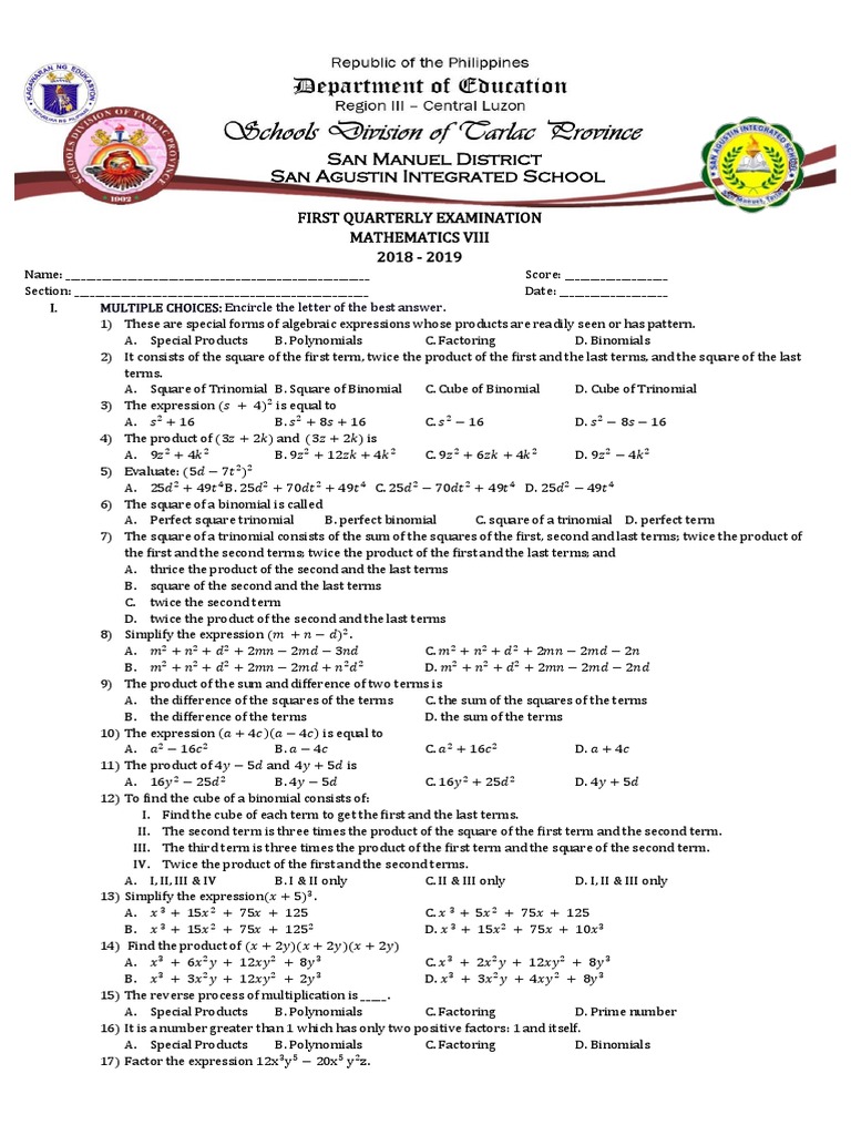 Math 8 Q1 Test | PDF | Factorization | Polynomial
