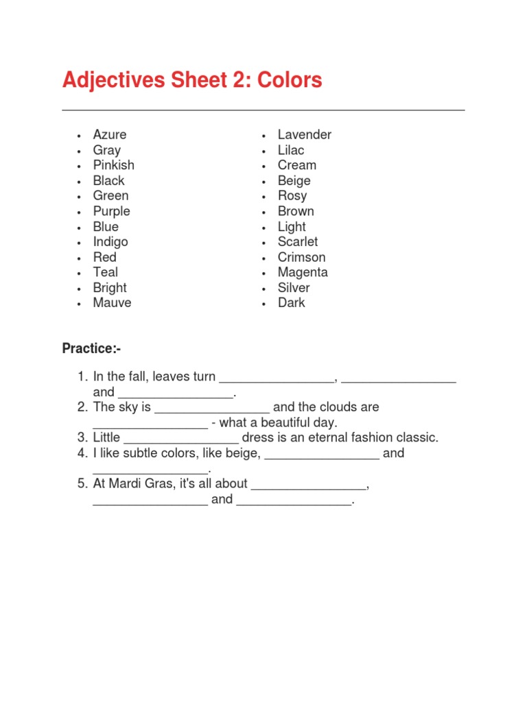 Adjectives Sheet 2 WS | PDF