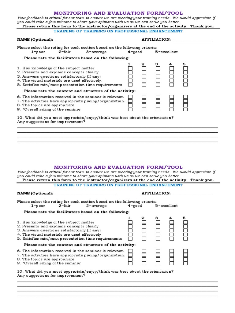 Basic Evaluation Form For Simple Training Pdf Facilitator Evaluation