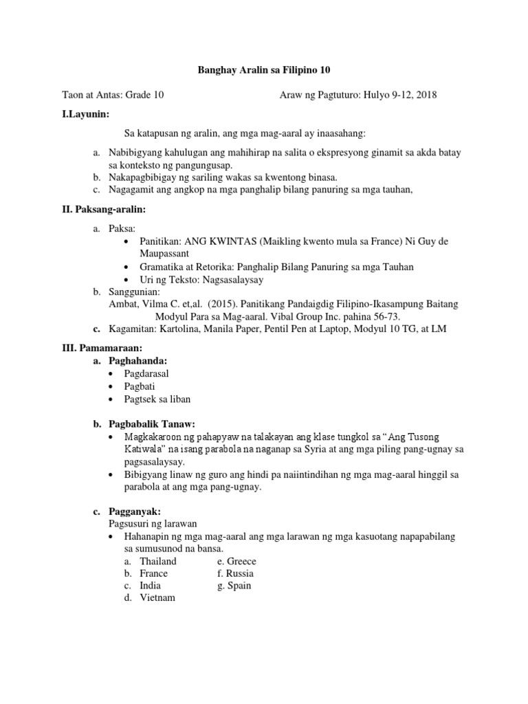 Banghay Aralin Sa Filipino 10 (Aralin 1.4) | PDF