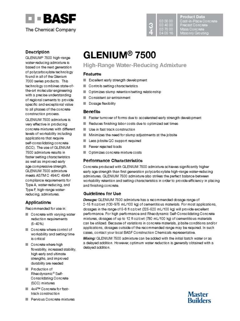 Glenium 7500: High-Range Water-Reducing Admixture | PDF | Building ...