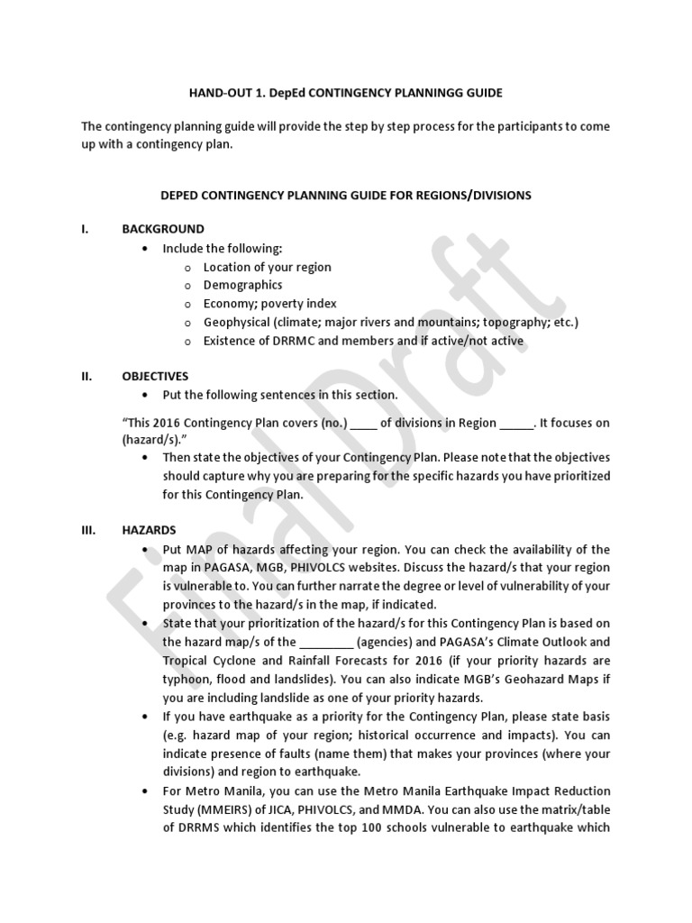 Hand-Out 1. Deped Contingency Planningg Guide | PDF | Hazards | Flood