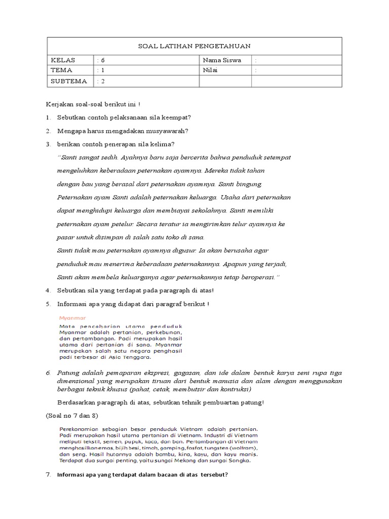 Soal Latihan Pengetahuan Tema 1 Sub 2 | PDF