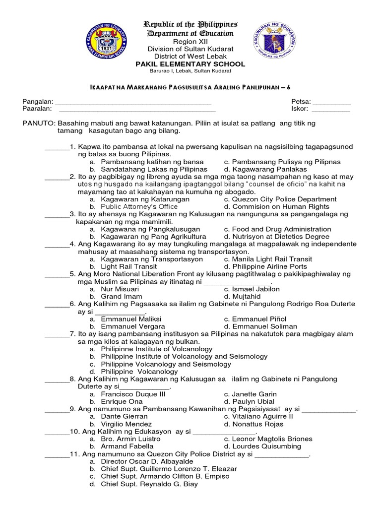 Ikaapat Na Markahang Pagsusulit - Ap6 | PDF
