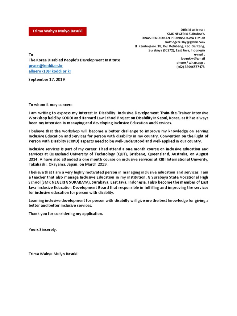 Cover Letter KODDI Workshop | PDF | Inclusion (Education) | Disability