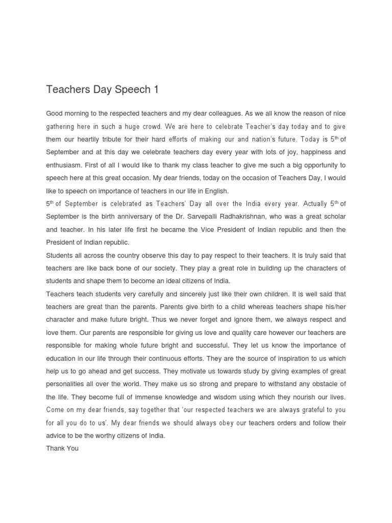 Teachers Day Speech 1 | PDF | Teachers | Gratitude