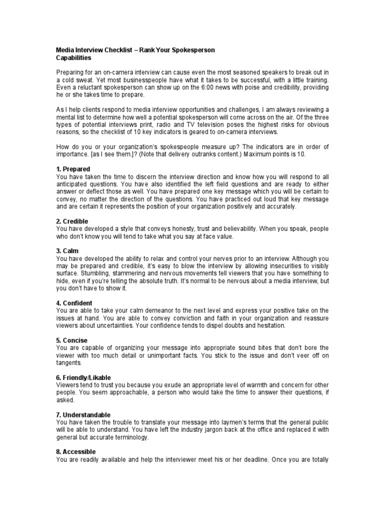 Media Interview Spokesperson Checklist | PDF | Expert | Cognition