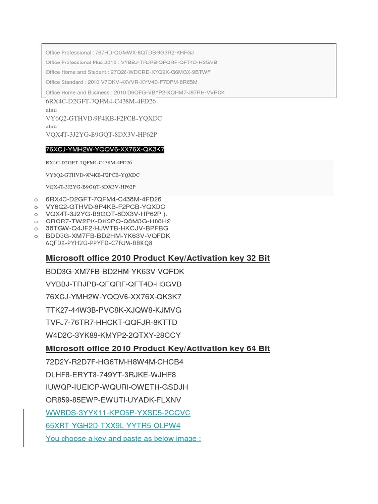 Microsoft Office 2010 Product Key/Activation Key 32 Bit | PDF ...