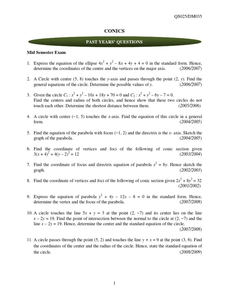 CONICS PAST YEARS QUESTIONS Mid Semester PDF | PDF | Circle | Ellipse
