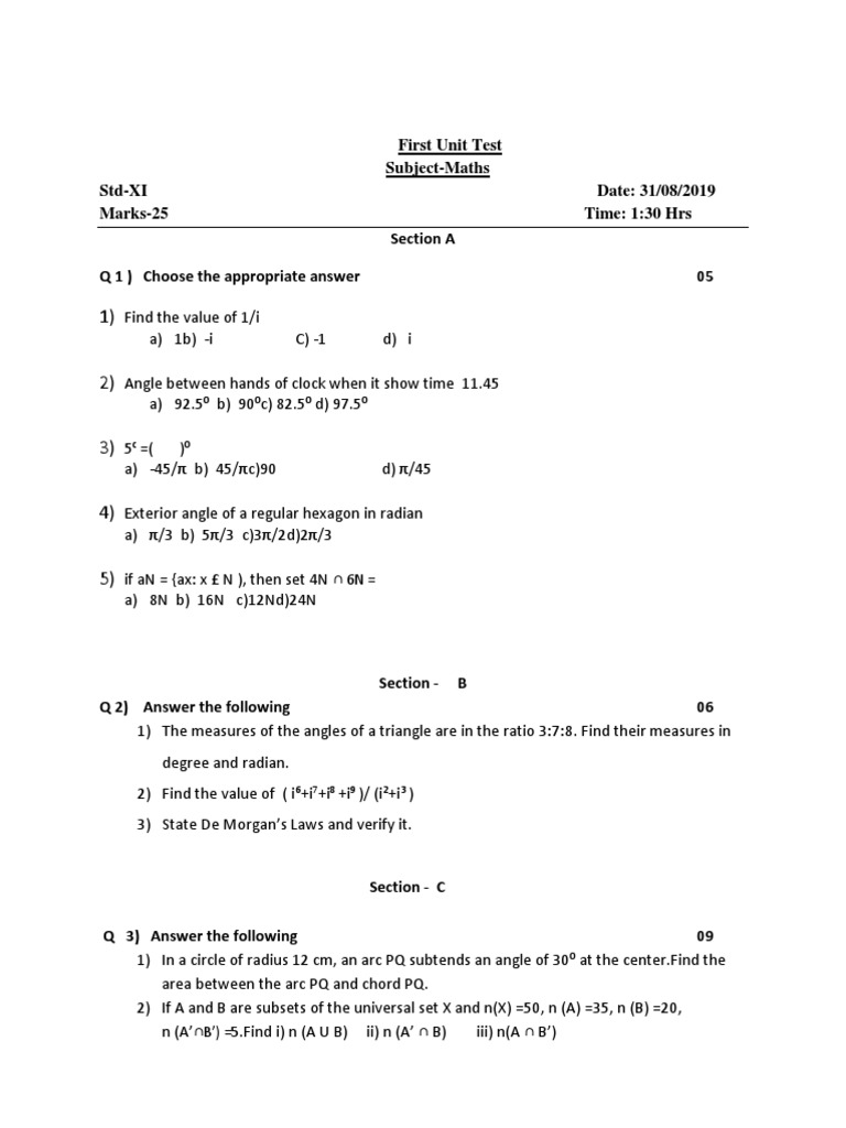 Class 11 Maths Unit Test 2019 | PDF