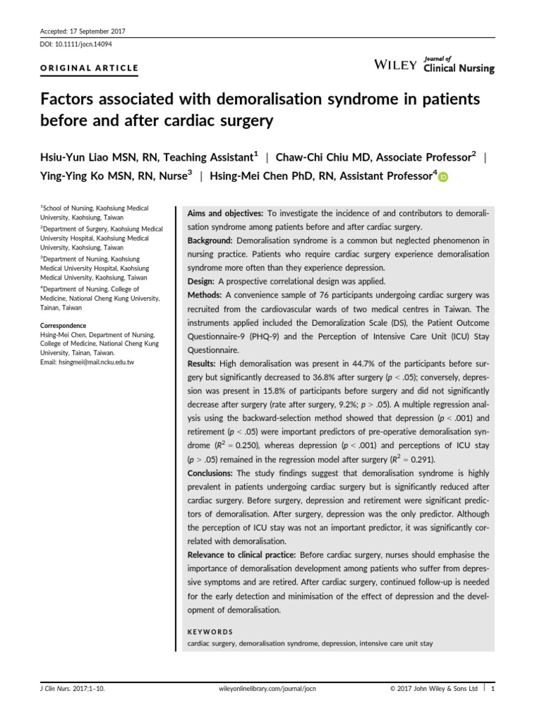 Factors Associated With Demoralisation Syndrome in Patients Before and ...