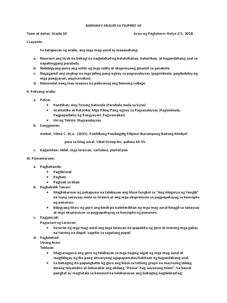 Banghay-Aralin Sa Filipino 10 (Aralin 1.3) | PDF