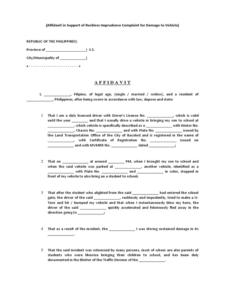 Affidavit in Support of Reckless Imprudence Complaint For Damage To ...