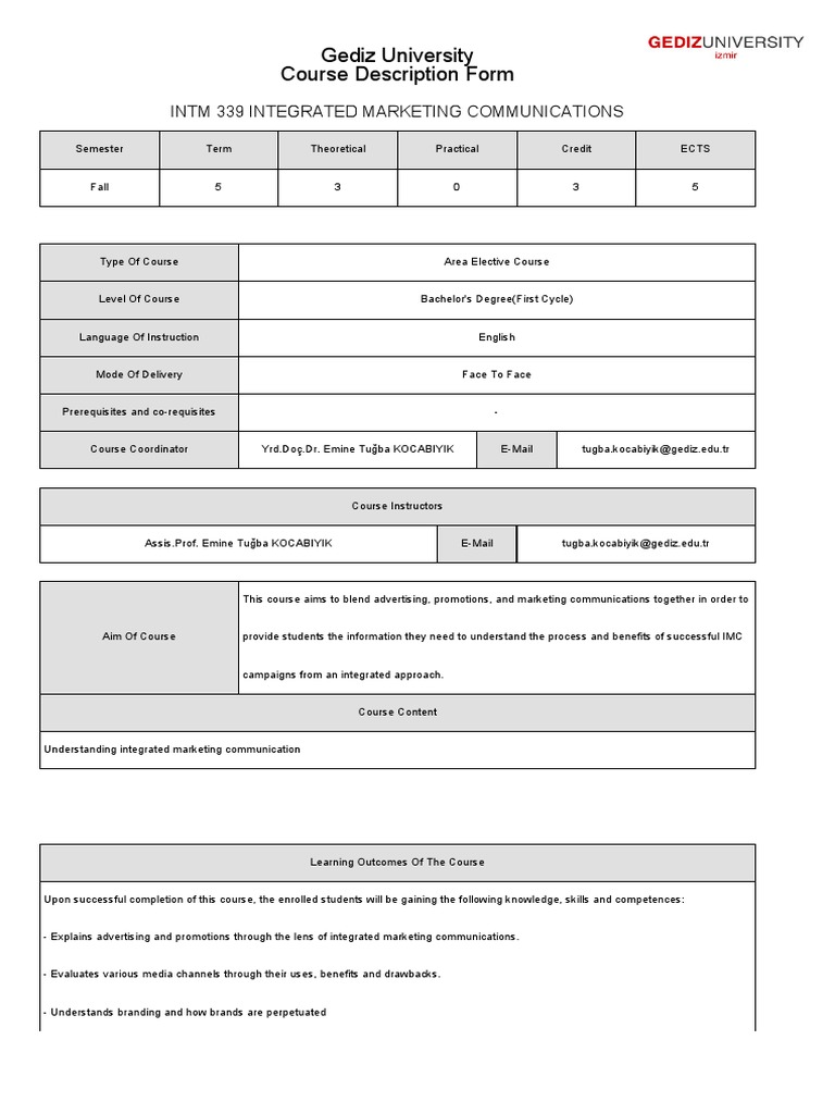 Gediz University Course Description Form: Intm 339 Integrated Marketing ...