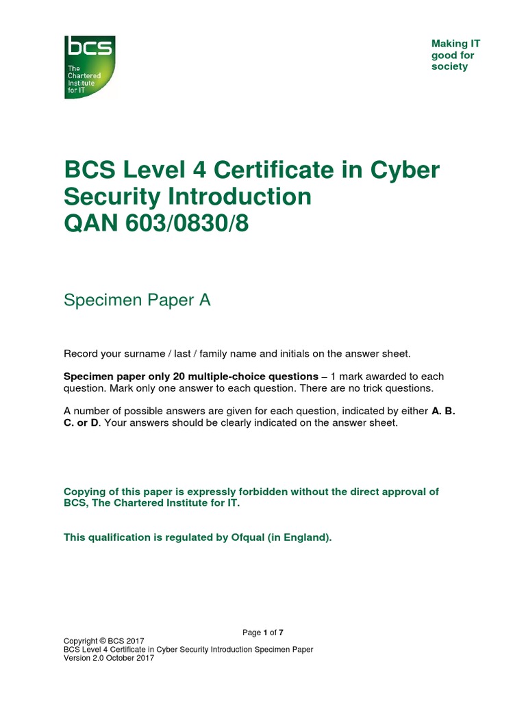 Cyber Security Cyber Security Introduction Specimen Paper | PDF ...