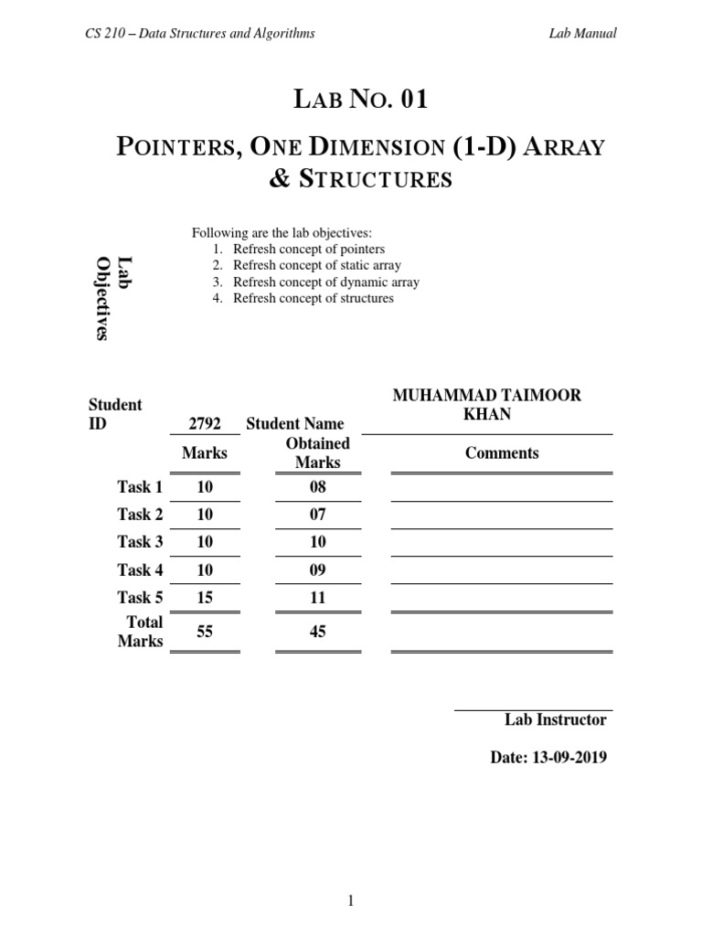 CS210 DSA Lab 01 | Download Free PDF | Pointer (Computer Programming) | Integer (Computer Science)