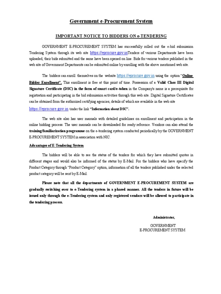 Government E-Procurement System: Important Notice To Bidders On E ...