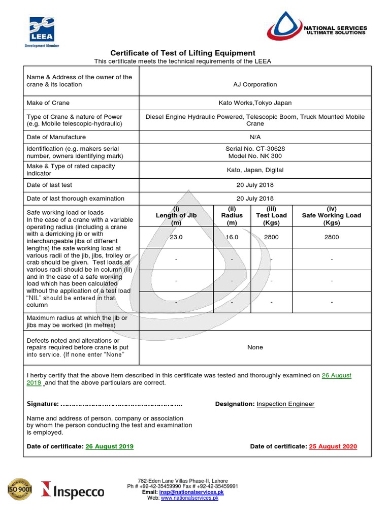 Crane Test Cert | PDF | Crane (Machine)