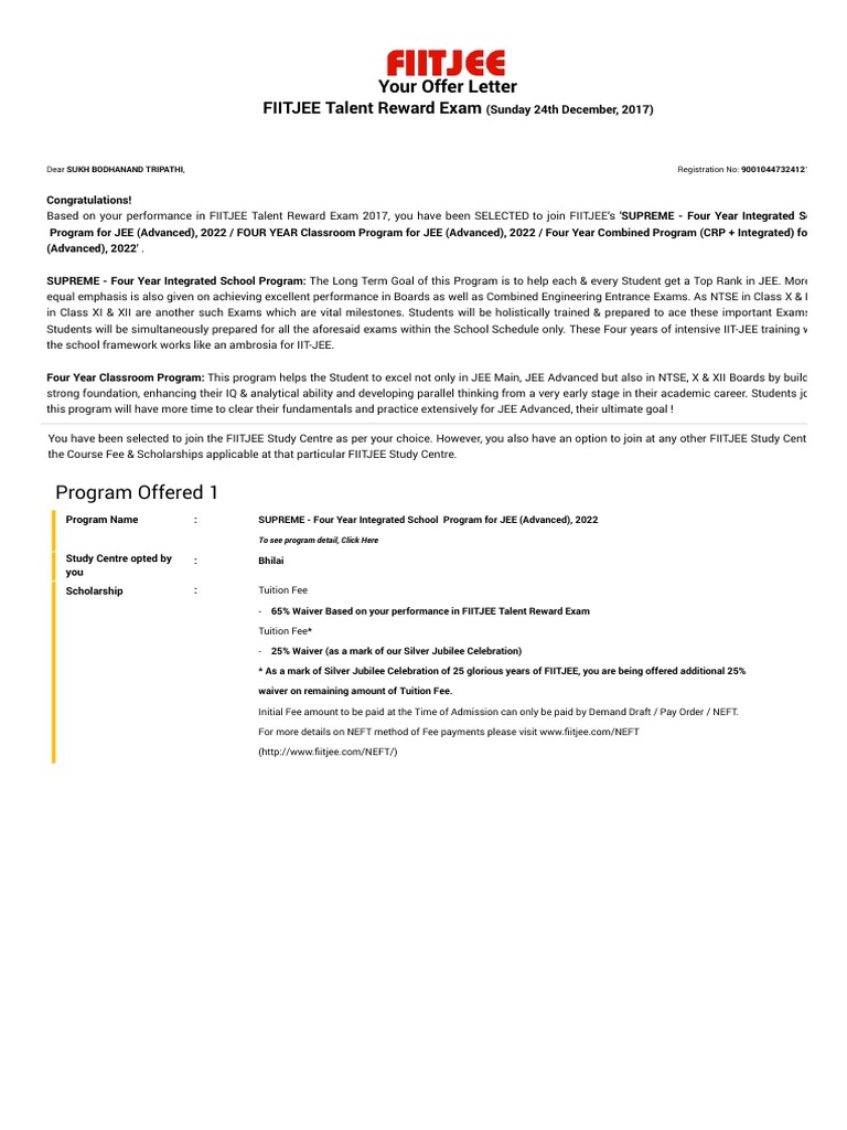 An Offer of Admission and Scholarship: FIITJEE's Letter to Sukh Bodhanand Tripathi | PDF ...