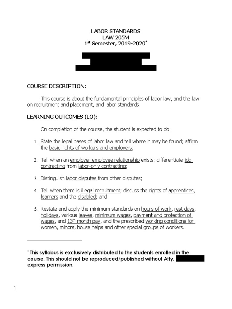 Labor Law Course Syllabus 2019-2020 | PDF | Employment | Labour Law