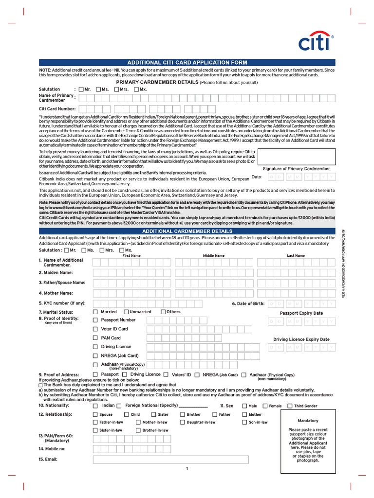 Add On Application Form | Download Free PDF | Identity Document | Citibank
