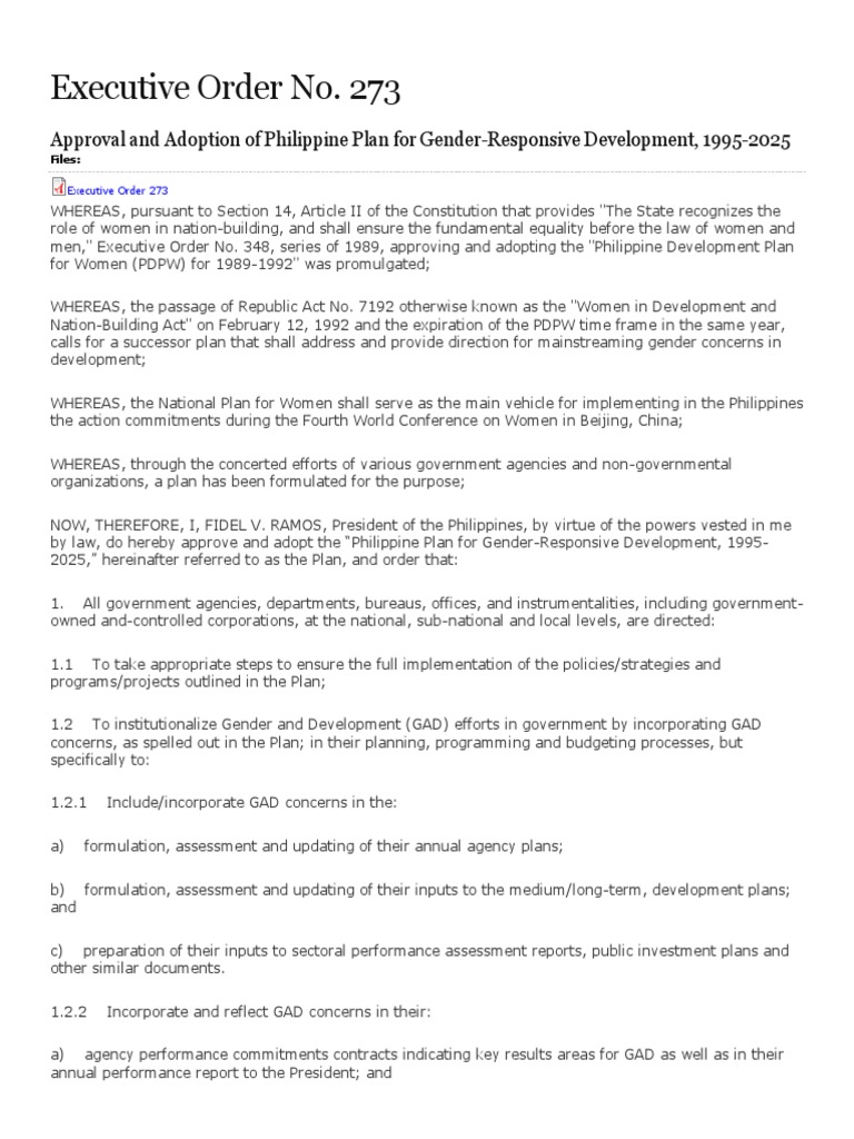 Executive Order No. 273: Approval and Adoption of Philippine Plan For ...