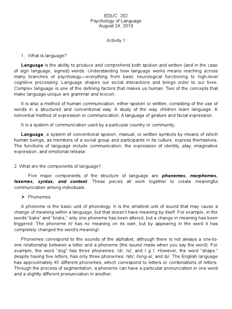 Educ 202 - Psychology of Language | PDF | Word | Phoneme