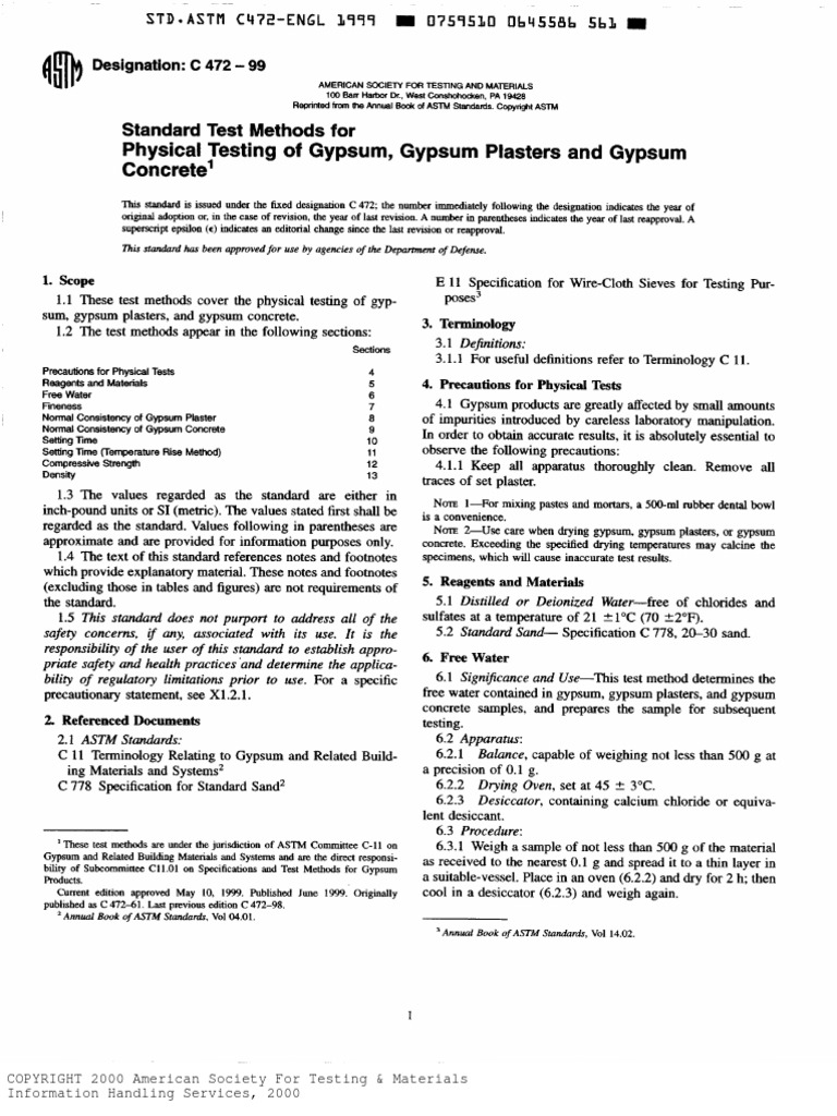 C 472 - Testing of Gypsum | PDF
