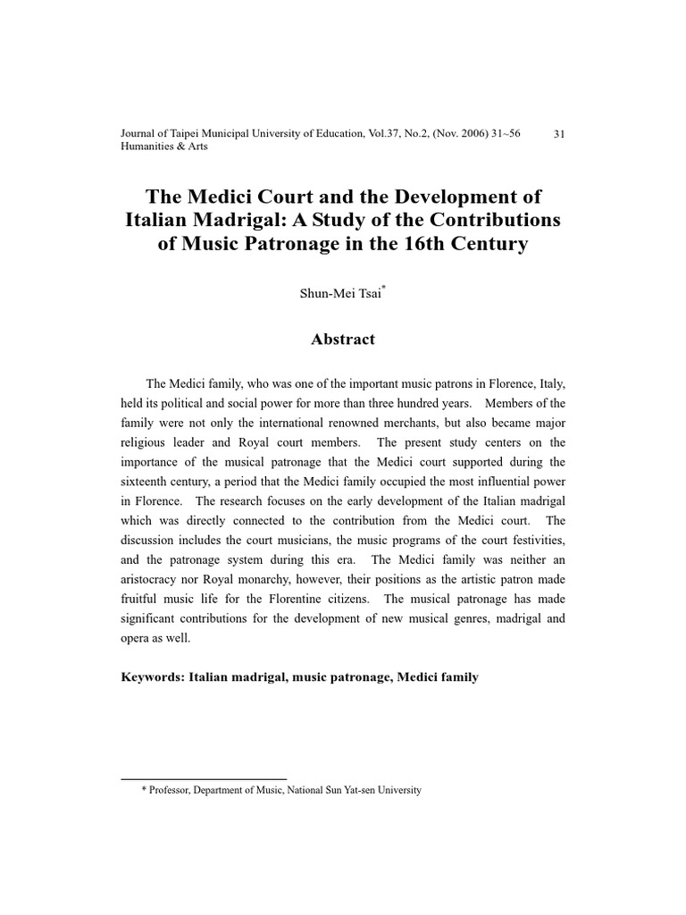 The Medici Court and The Development of Italian Madrigal PDF | PDF ...