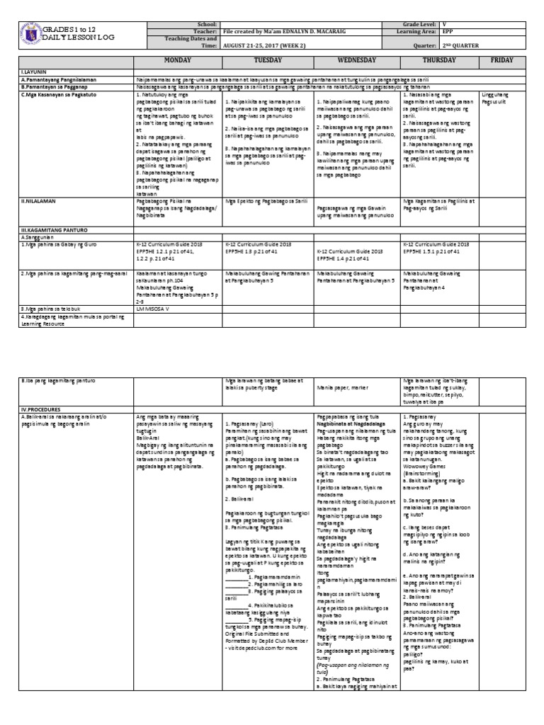 DLL - Epp 5 - Q2 - W2 | PDF