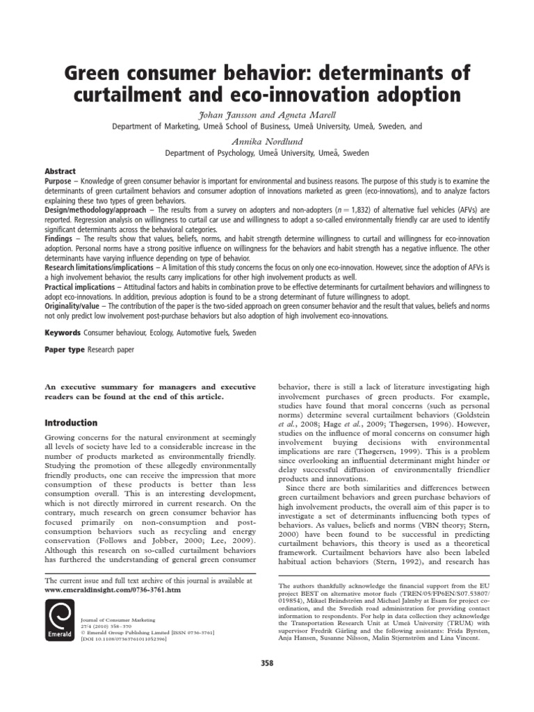 Green Consumer Behavior. Determinants of Curtailment and Eco-Innovation Adoption | PDF ...