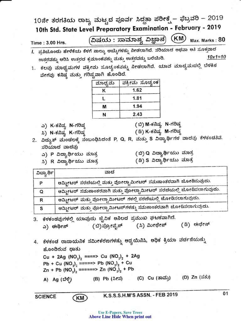 Karnataka 10th Std Science State Level Preparatory Exam Question Paper