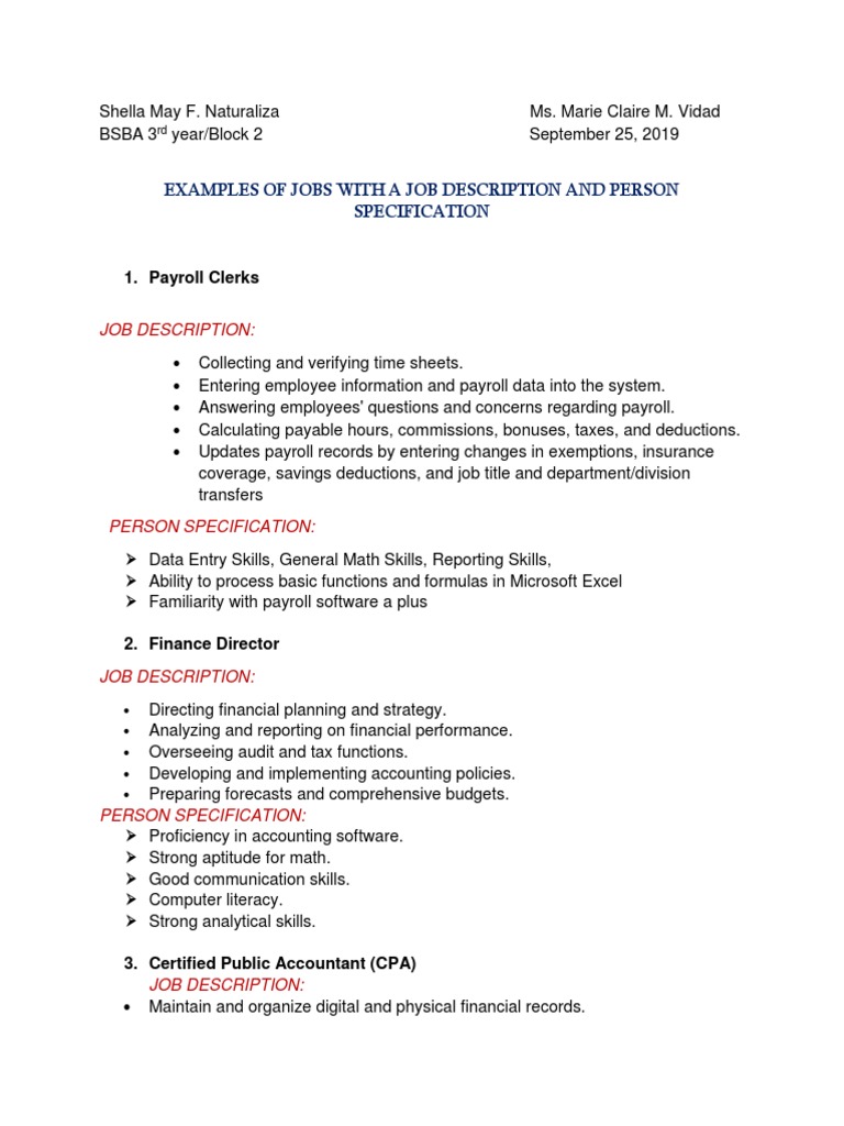 Examples of Jobs With A Job Description and Person Specification | PDF ...