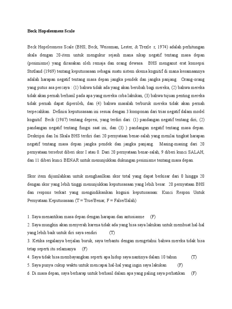 Beck Hopelessness | PDF