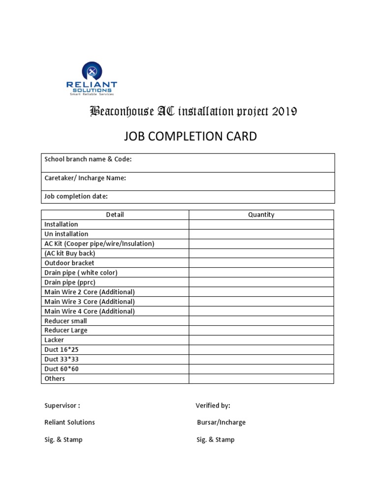 Job Completion Card | PDF | Manufactured Goods | Electrical Engineering