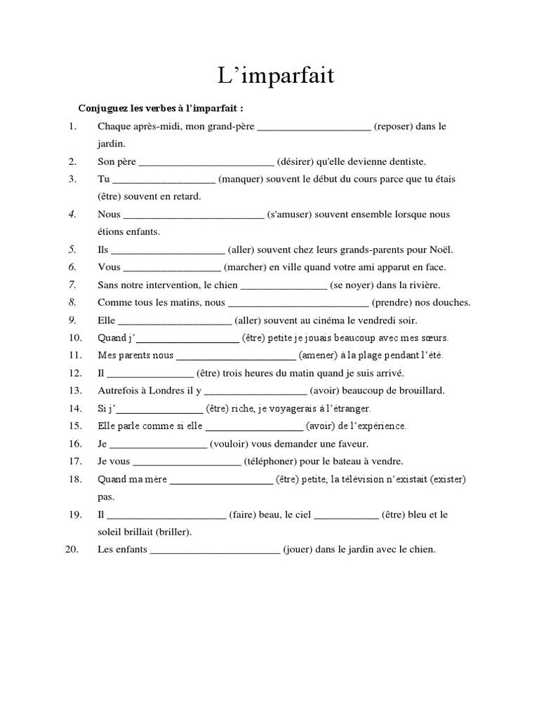 Imparfait Worksheet | PDF
