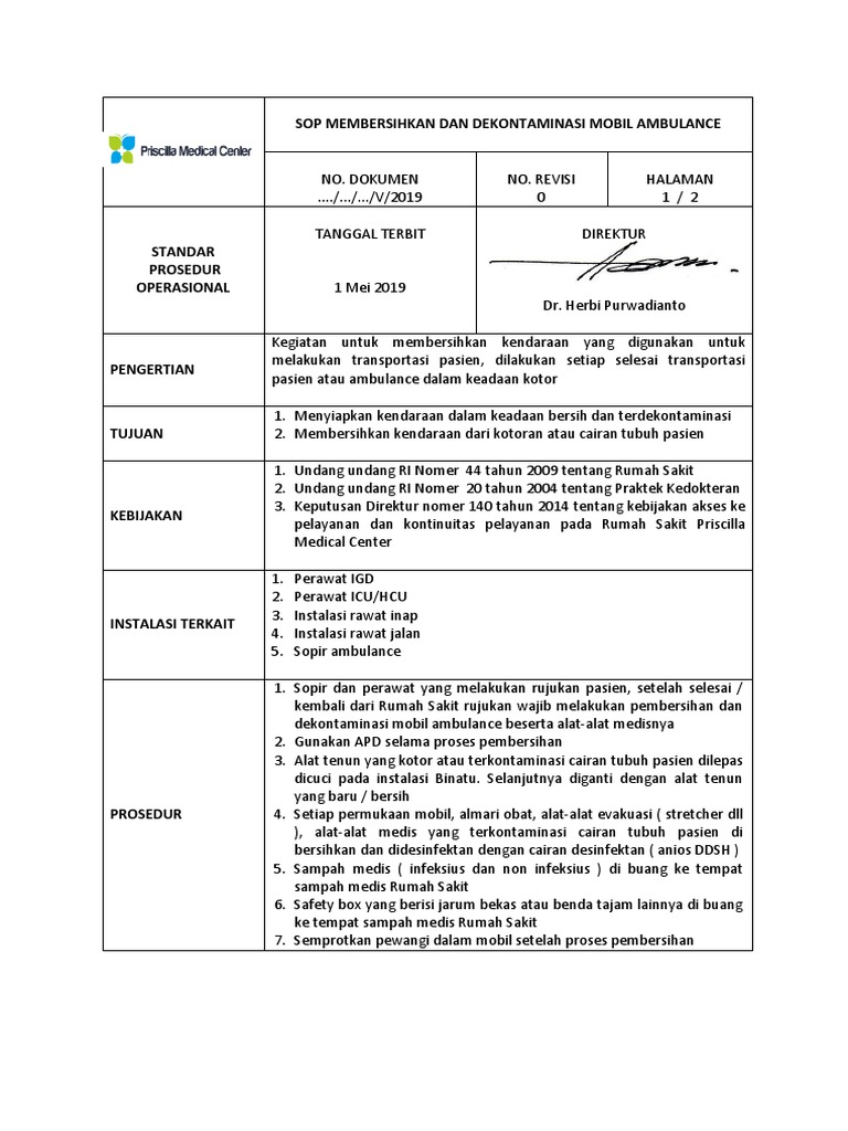 Sop Membersihkan Dan Dekontaminasi Mobil Ambulance | PDF
