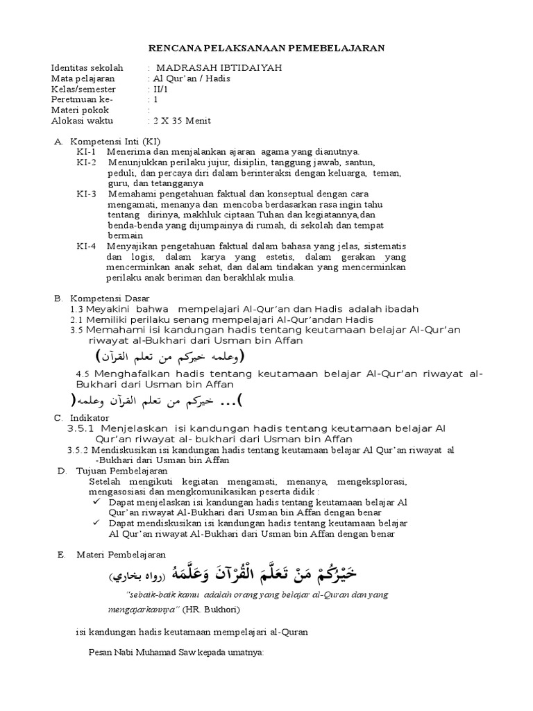 RPP Hadits Keutamaan Belajar Al-Qur'An | PDF