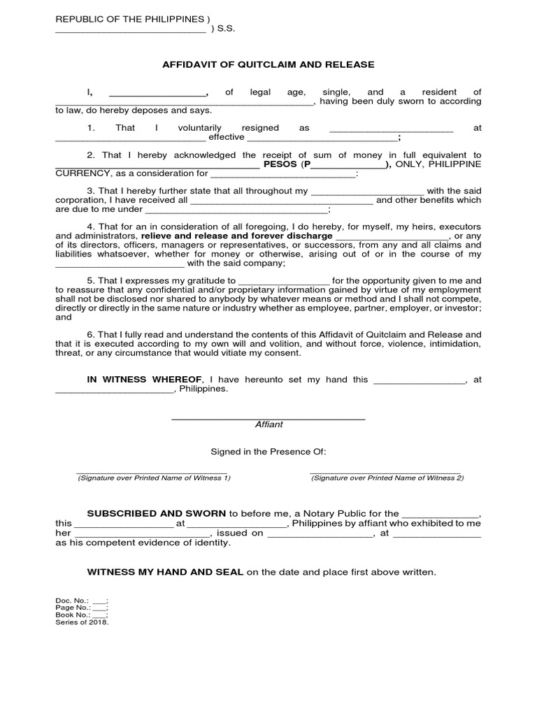 Affidavit of Quitclaim Template 1 | PDF | Affidavit | Social Institutions