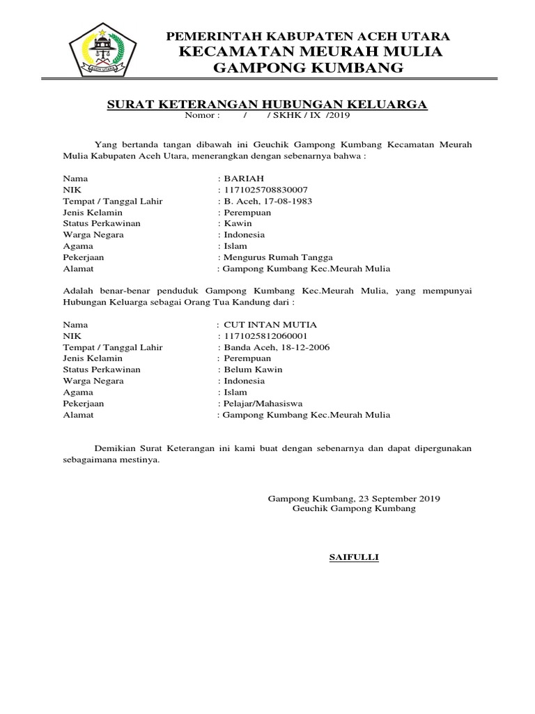 SRT Ket Hubungan Keluarga | PDF