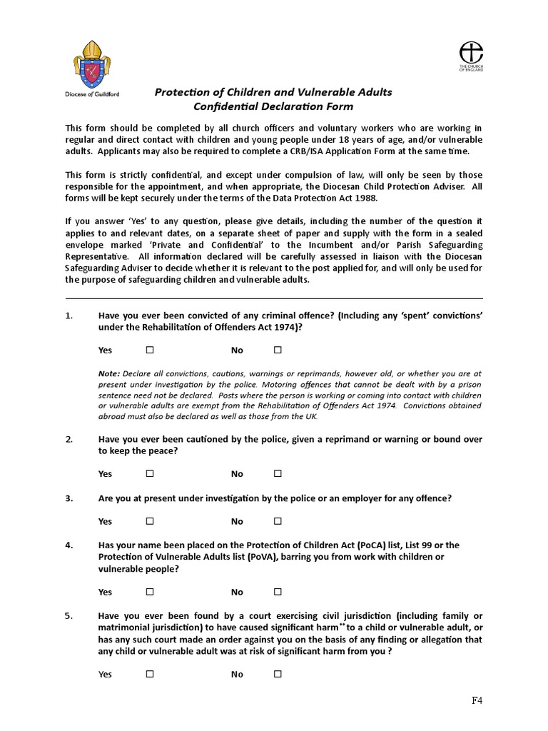 Protection of Children and Vulnerable Adults Confidential Declaration ...