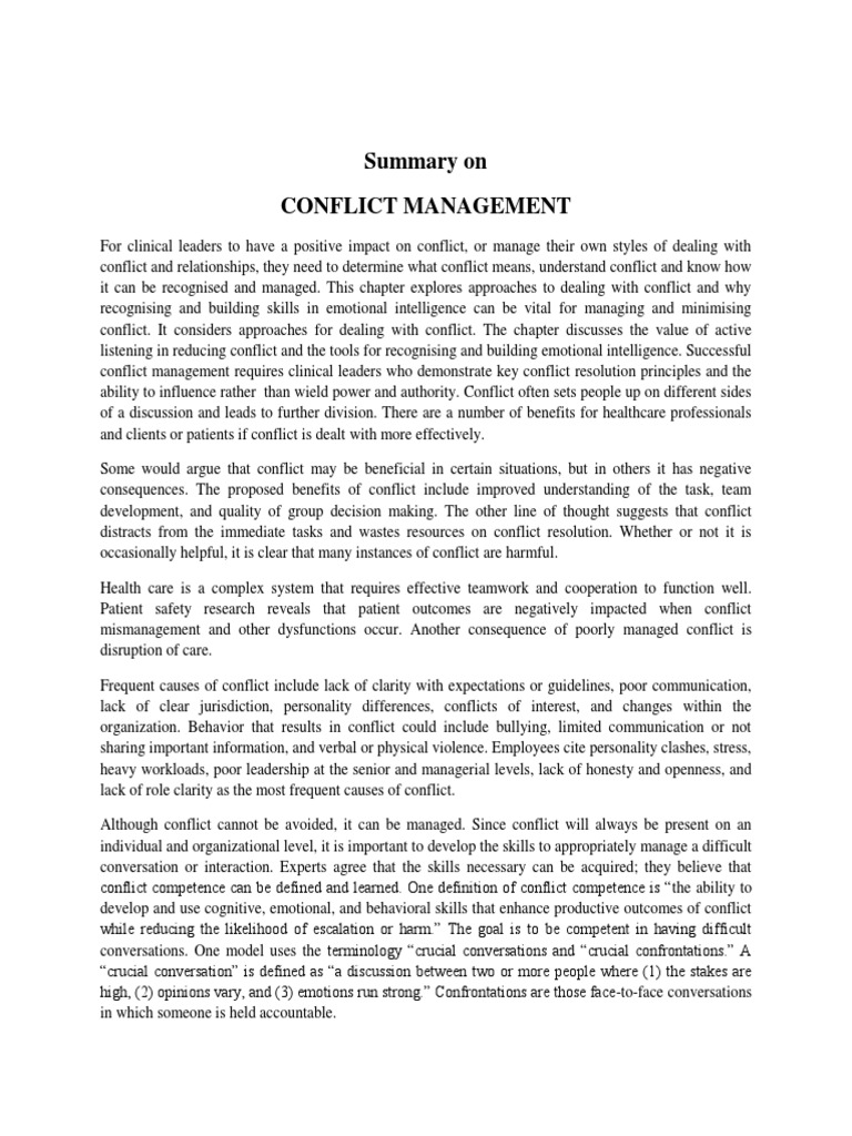 Summary On Conflict Management | Download Free PDF | Trust (Emotion ...