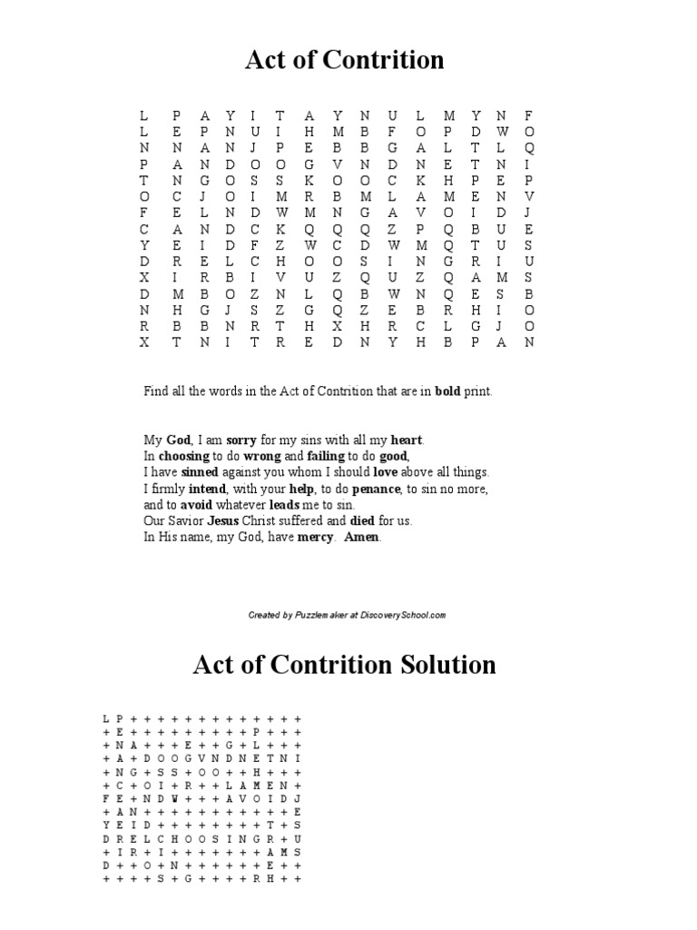 Act of Contrition Word Search | PDF | Theology | Abrahamic Religions