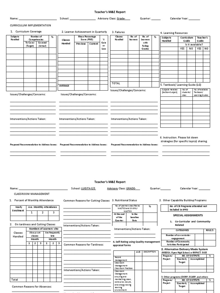 Teacher's M&E Report: Classes Handed Previous Current Subjects Handled ...