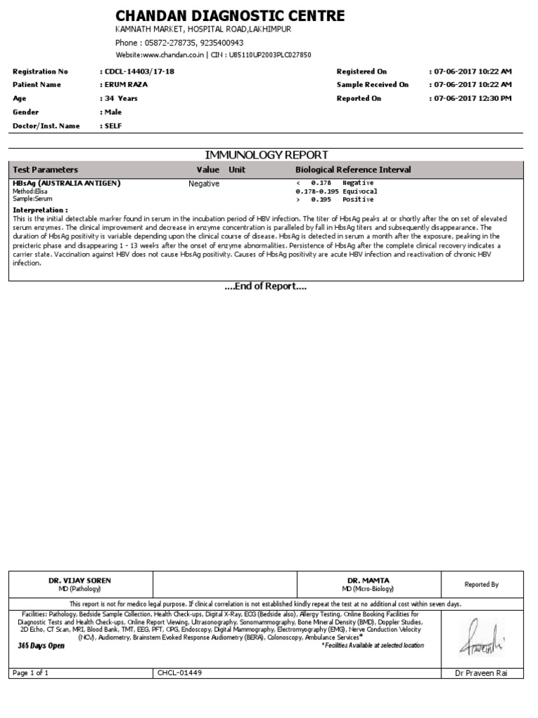 Chandan Diagnostic Centre HBsAg Test Report | PDF | Electromyography ...
