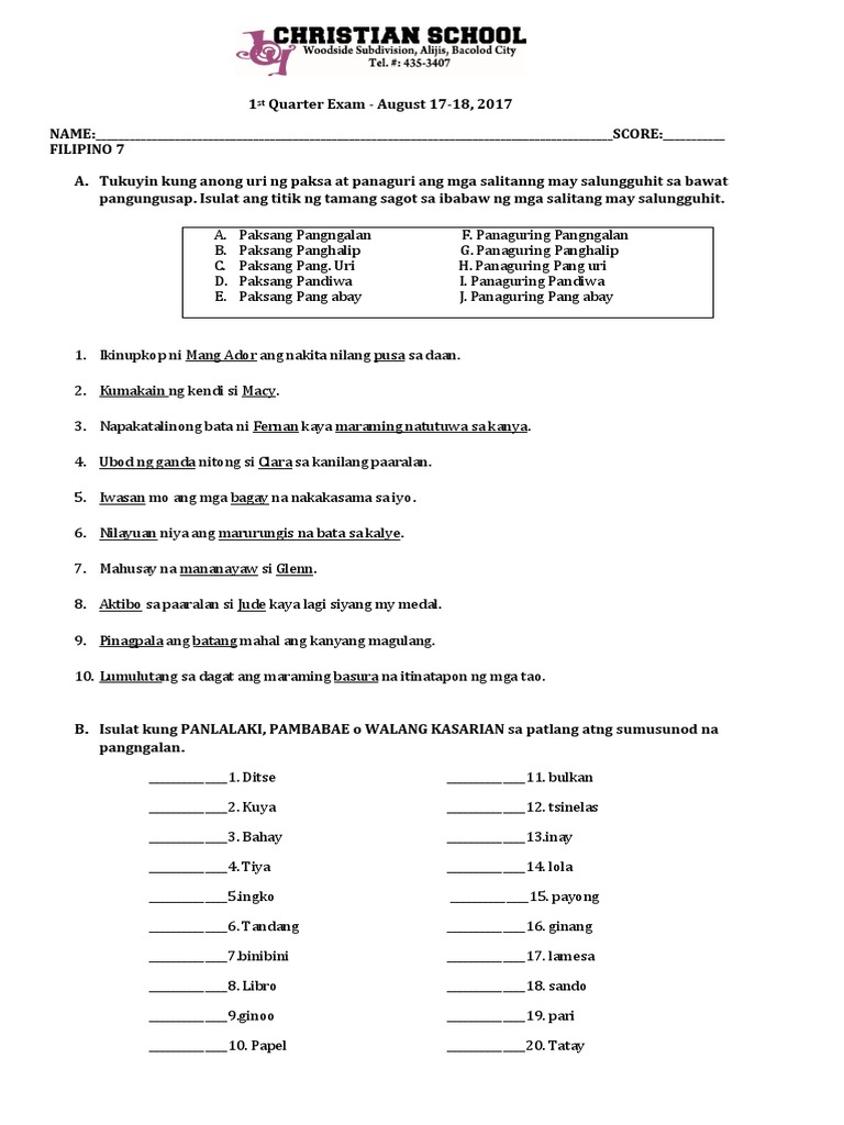 First Quarter Exam in Fil 7 | PDF